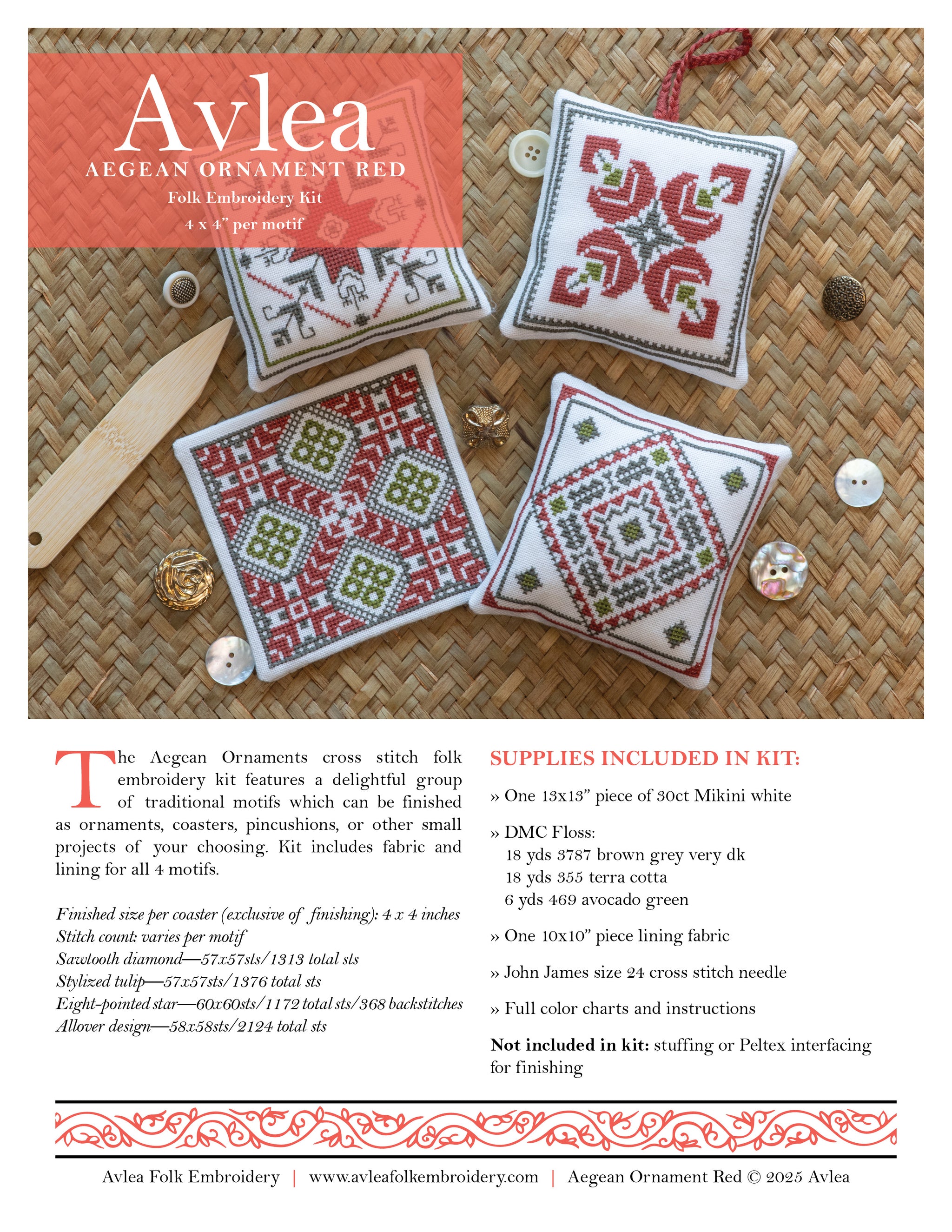 'BACK IN STOCK! Aegean Ornaments Red cross stitch folk embroidery kit ...