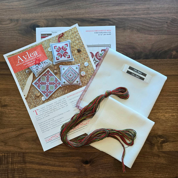 Aegean Ornaments Red cross stitch folk embroidery kit – Avlea Folk ...