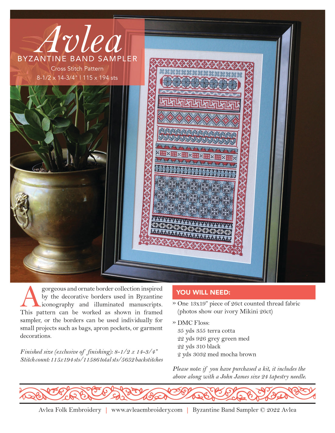 Byzantine Band Sampler cross stitch folk embroidery PDF pattern – Avlea Folk Embroidery