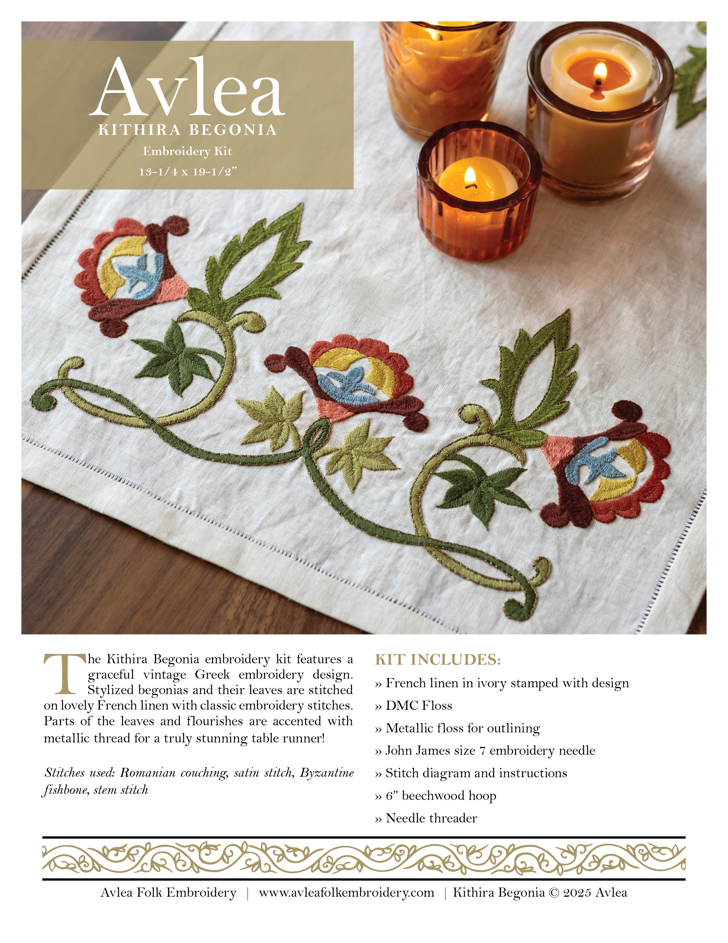 Kithira Begonia table runner embroidery PDF pattern – Avlea Folk Embroidery